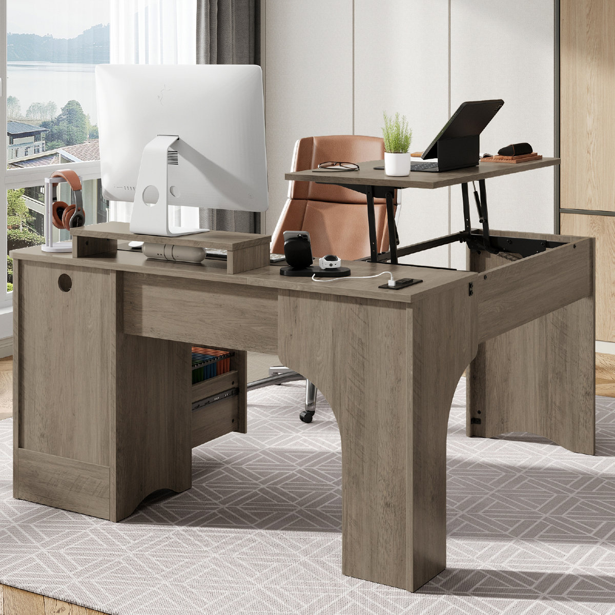 17 Stories Daymen 55Inch Lift Top L Shaped Desk with Power Outlet, Fluted Computer Desk with ...